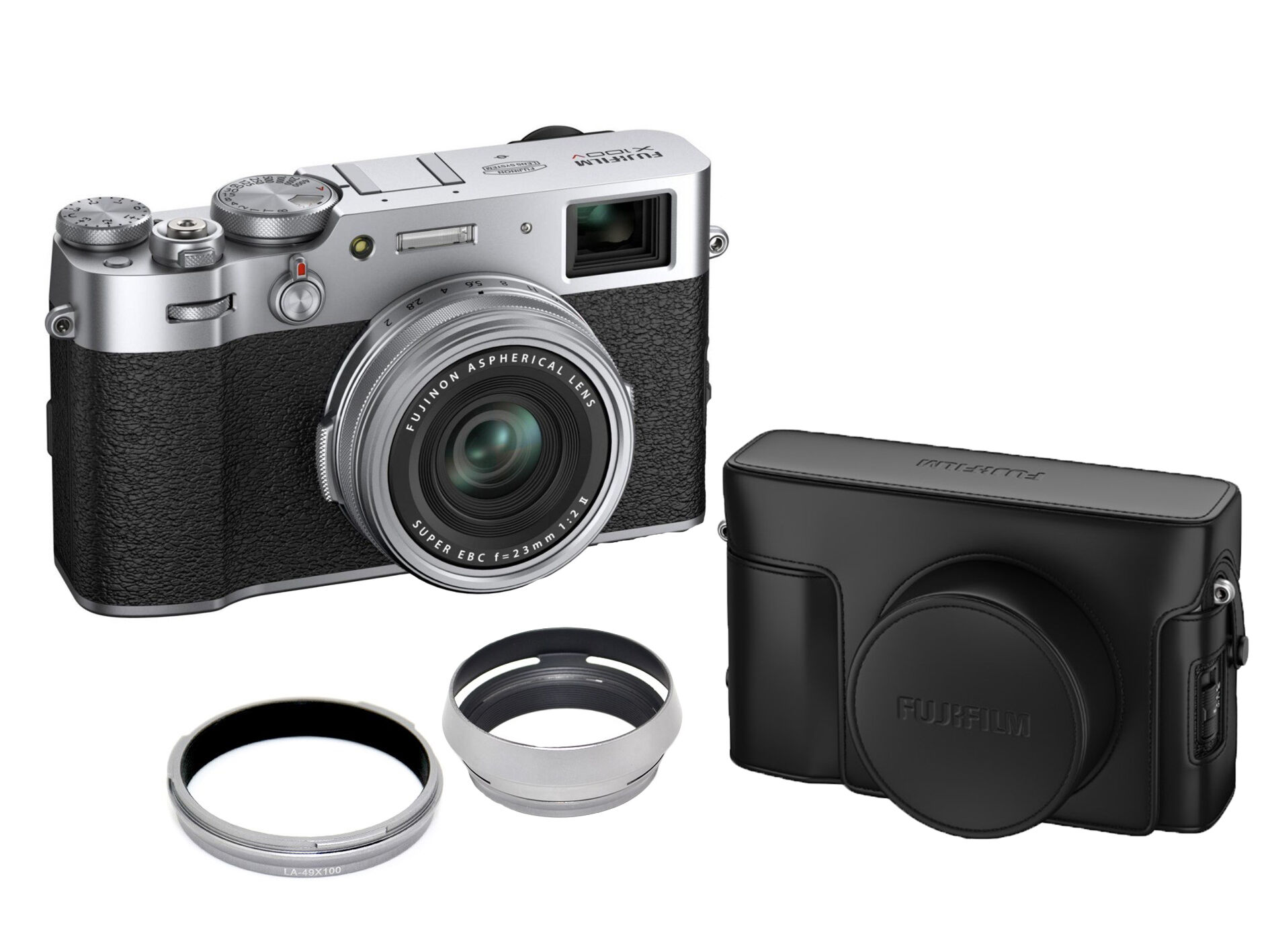 Fujifilm X100V Silver + väska LC-X100V svart skinn +Motljusskydd silver ...